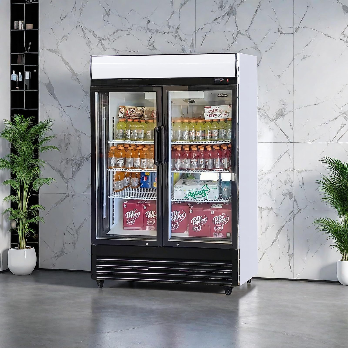 FRICOOL Merchandiser Refrigerator with 2 Glass Doors, 31 cu ft Beverage Display Cooler, Upright Fridge with LED Lighting, Adjustable Shelves for Beverages, Beer and Drinks, Swing Door, Black