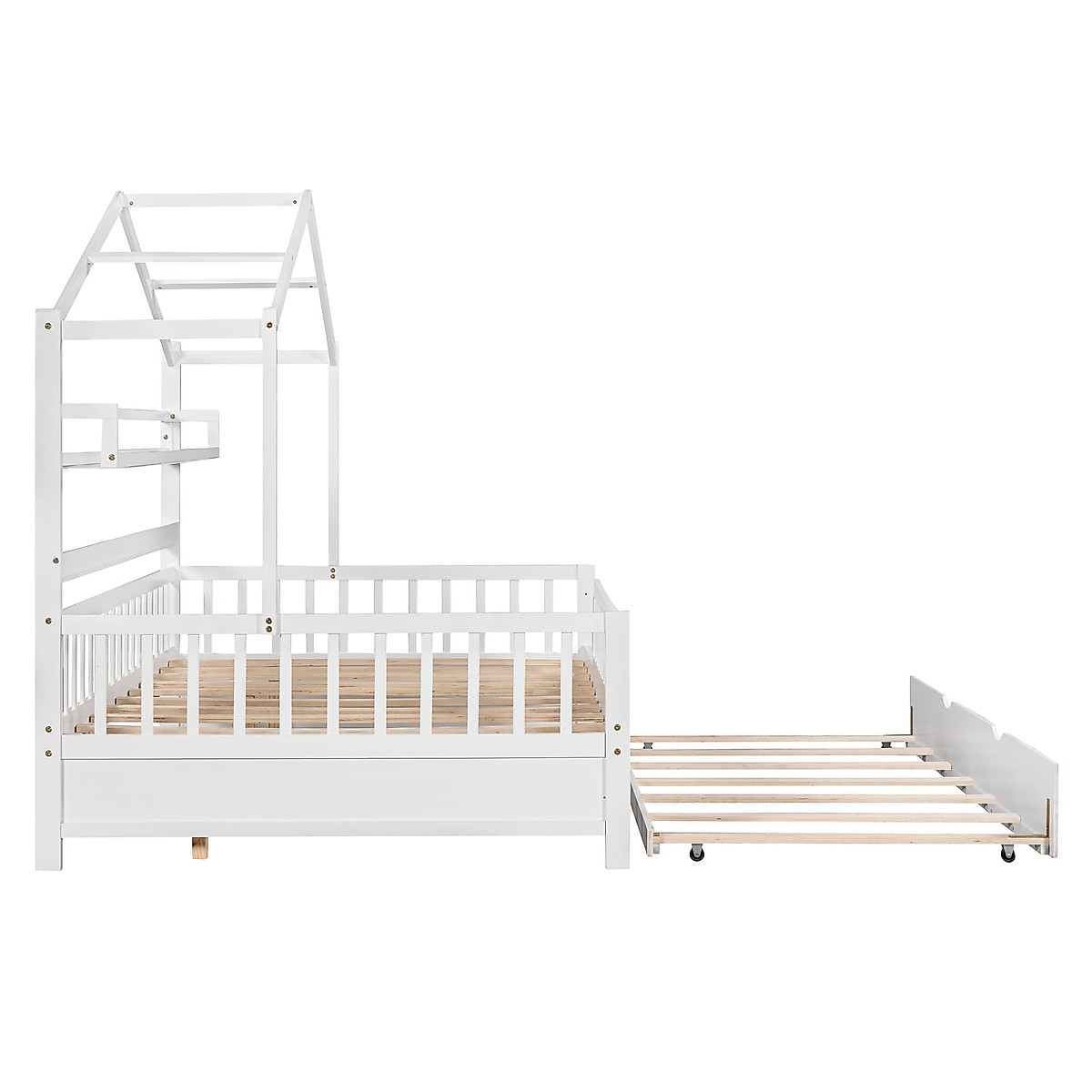 Harper & Bright Designs Full House Bed with Trundle, Wood Full Kids Bed Frame with Shelf, Full Size House Bed for Kids with Roof for Girls, Boys,No Box Spring Needed (Full, White)