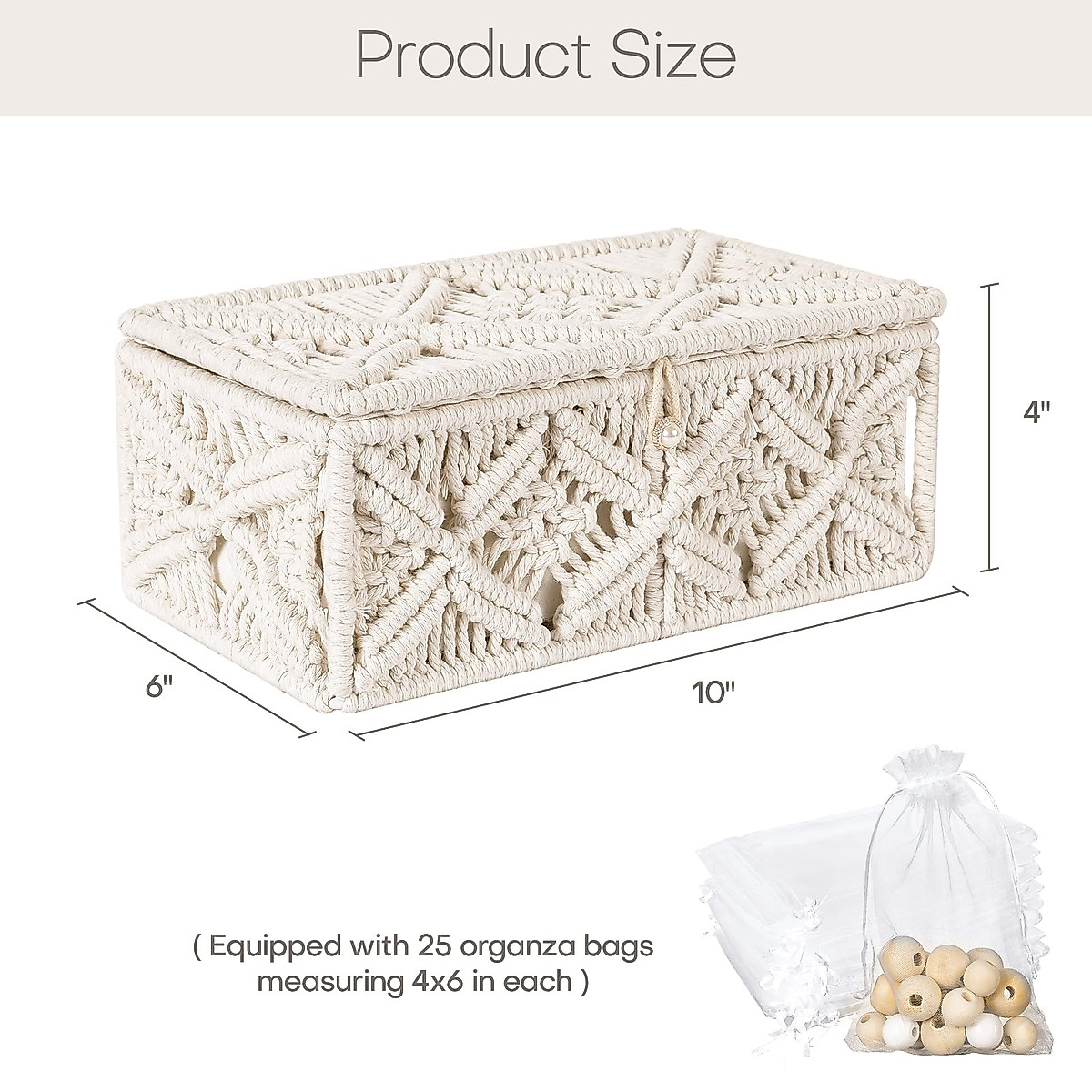 ANMINY Macrame Storage Basket with Lid & 25Pcs Organza Gift Bags Bohemian Jewelry Box Handmade Woven Natural Cotton Rope Lidded Bin Decorative Desktop Organizer Countertop Tank Shelf Cabinet Container