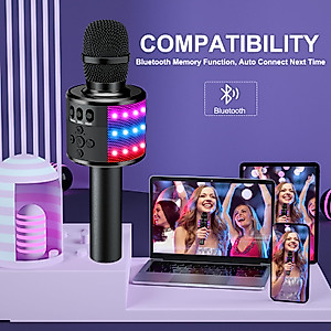 BONAOK Bluetooth Wireless Karaoke Microphone with LED Lights,4-in-1 Portable Handheld Mic with Speaker Karaoke Player for Singing Home Party Toys Birthday Gift for Kids Adults Girls Q78(Black)