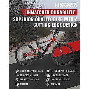 Hyper Kids Mountain Bike 24 Inch Youth Downhill Mountain Bike. Shimano 18 Speed Twist Shifters and Steel MTB Bike Frame. Full Suspension Mountain Bike. Shocker (Red/Black)