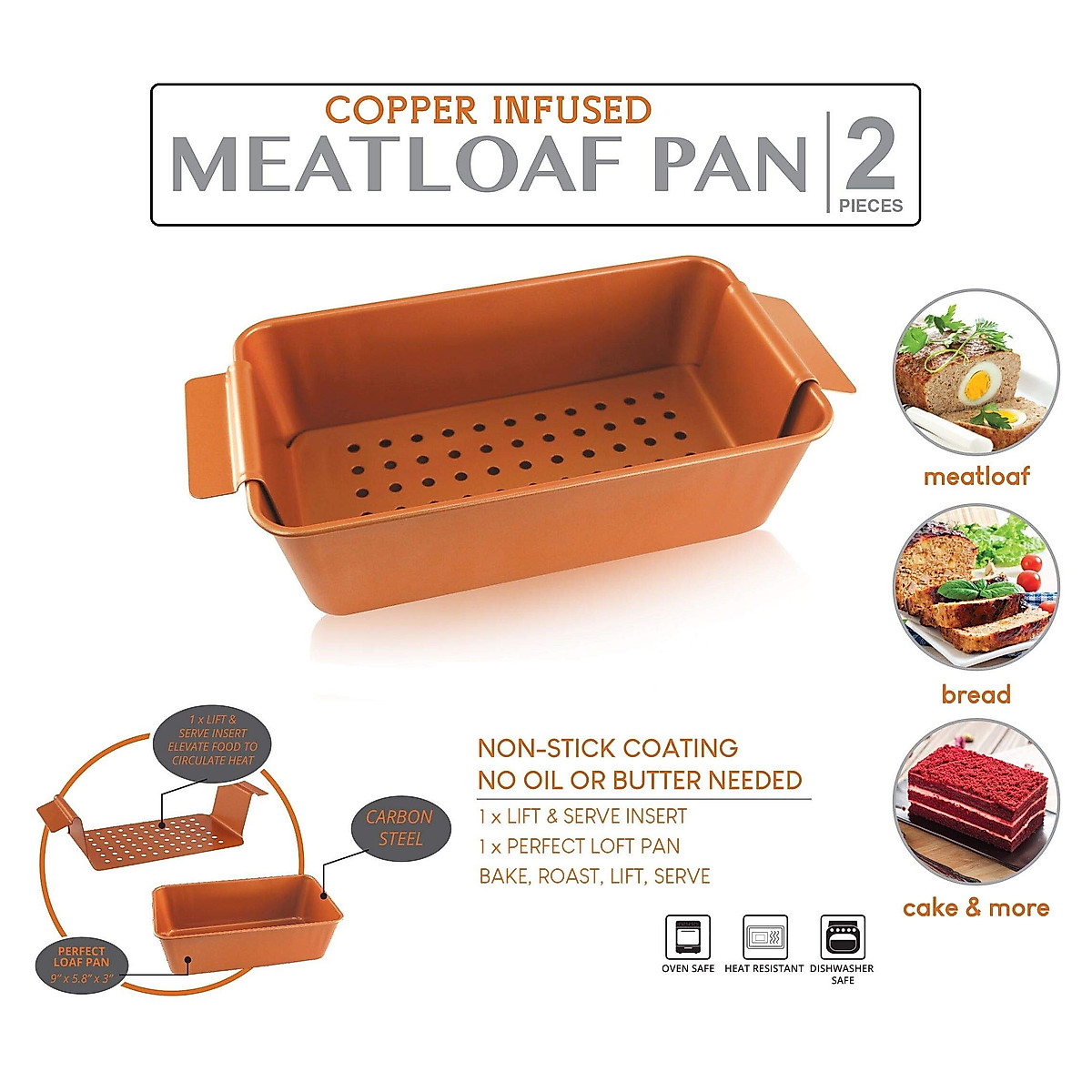 Volar Non-Stick Meatloaf Pan 2-Piece Healthy Meatloaf Pan Set Copper Coating With Removable Tray Drains Grease