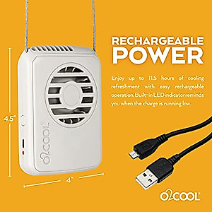 O2COOL 2" Rechargeable USB 3 Speed Personal Necklace Fan, Grey