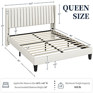 Yaheetech Queen Bed Frame Upholstered Platform Bed with Fabric Headboard, Wing Edge Design/Non-Slip and Noise-Free/Wooden Slats Support/No Box Spring Needed/Easy Assembly, Beige Queen Bed