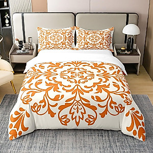 Erosebridal 100% Cotton Bohemian Floral Duvet Cover King,Chic Flower Bedding Set,Watercolor Pattern Exotic Flowers Comforter Cover,Vintage Ethnic Boho Flowers Bed Sets with 2 Pillowcases,Orange