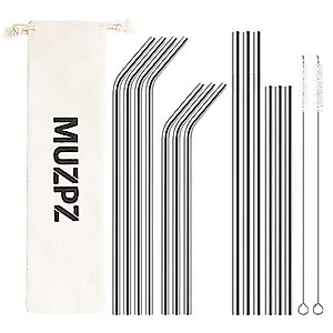 12-Pack Reusable Straws with Case, Portable Metal Straw Set, Stainless Steel Drinking Straws for Tumblers 20oz-32oz, 2 Straw Cleaner Brushes Included, MUZPZ Reusable coffee straws (Silver)