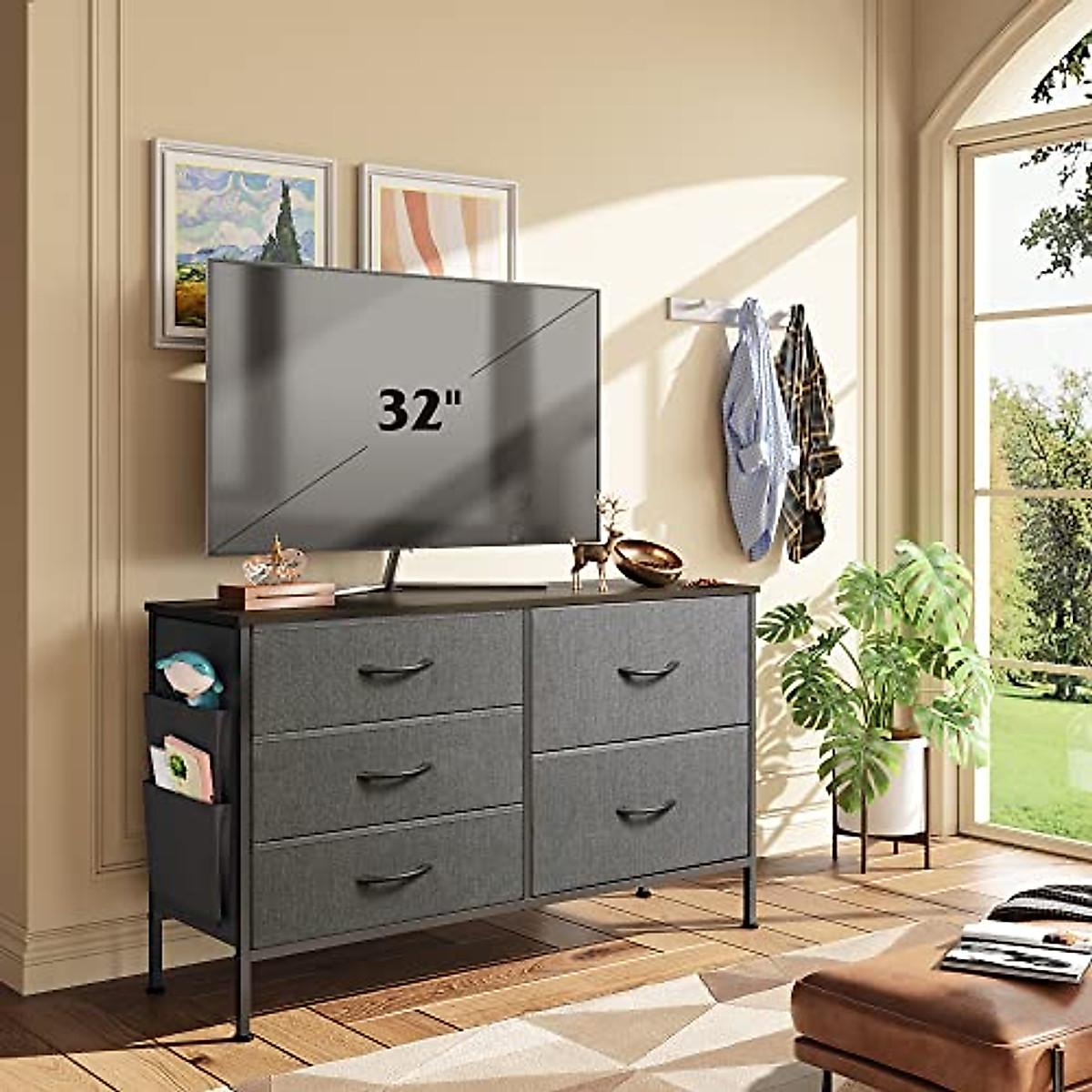 WLIVE 2-Drawer Nightstand, 5-Drawer Dresser and 8-Drawer Dresser Set, Fabric Storage Tower for Bedroom, Hallway, Nursery, Closets, Tall Chest Organizer Unit with Textured Print Fabric Bins, Steel Fram