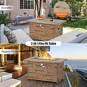 Vicluke 44 Inch Aluminum Propane Fire Pit Table w/Faux Ledgestone, Hand-Painted Table Top, 50,000 BTU Fire Table w/CSA Certification,Wind Guard,Waterproof Cover for Outdoor,Patio,Christmas(Brown)