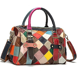 Women Handbag Genuine Leather Top Handle Handbag Vintage Totes Multicolor Splice Purse Tote Bag with Long Strap
