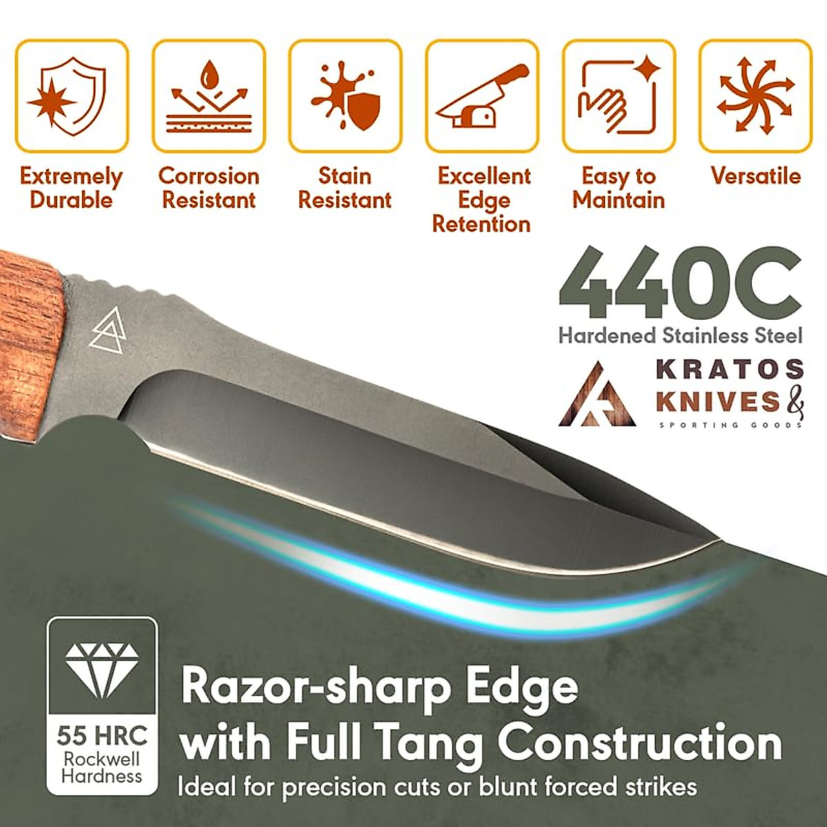 Hunting Knife with Sheath, 9" Fixed Blade EDC Knife with 440C Hardened Stainless Steel Full Tang Survival Knife for Outdoor & Camping Bushcraft Knife, Leather Sheath Included By Kratos - ZFS8