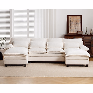 Siiejia U Shape Cloud Couch, 4 Seats Comfy Sectional Sofa Couches for Living Room, Modular Chenille Sofas with Double Reversible Chaise for Spacious Space, Cream