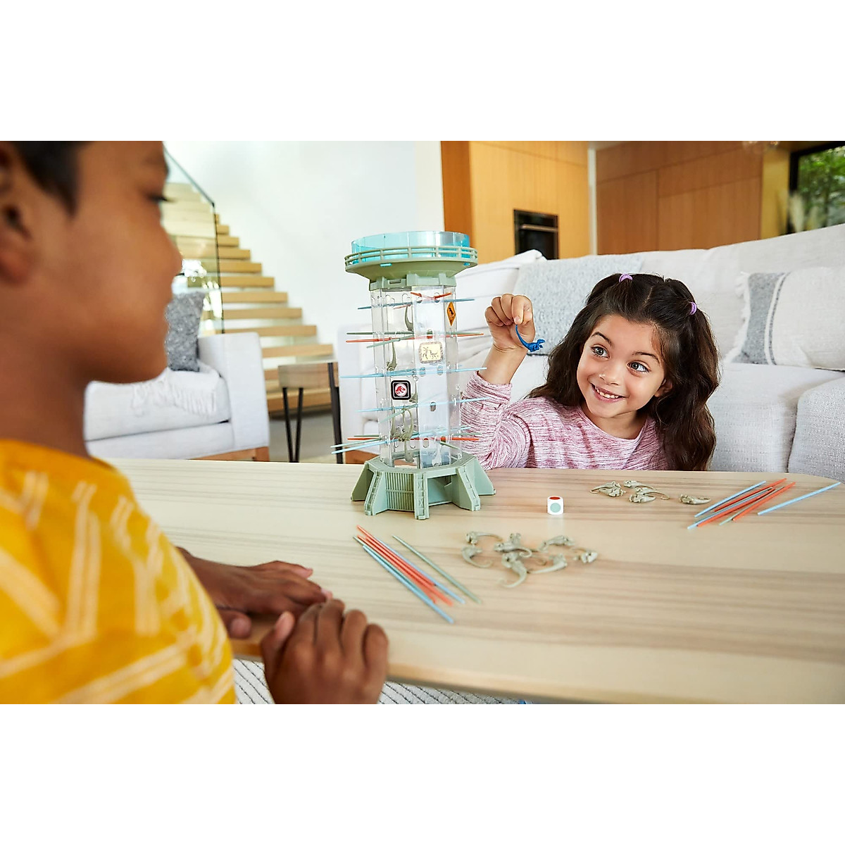 Mattel Games KerPlunk Jurassic World Dominion Kids & Family Game with Velociraptor Dinosaurs, Tower, Sticks, Die & Stickers