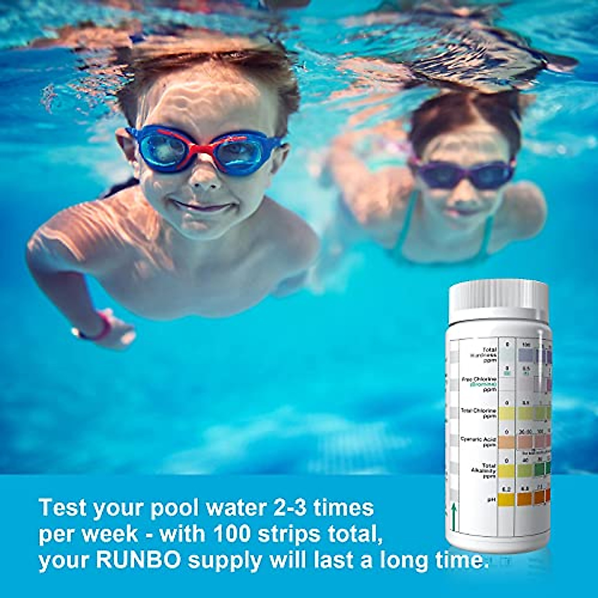 RUNBO Pool Test Strips 7-in-1 (100 Count), Quality Testing Strips - Simple and Easy - Test Free Chlorine, Total Chlorine, Bromine, Total Hardness, Total Alkalinity, pH and Cyanuric Acid