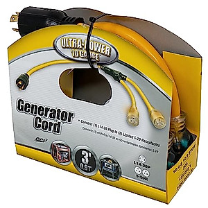 Coleman Cable 01934 3-Feet Generator Power Cord Adapter, 10/4 Splitter Y Adapter, L14-30P to (2) 10/3 Lighted 5-20R