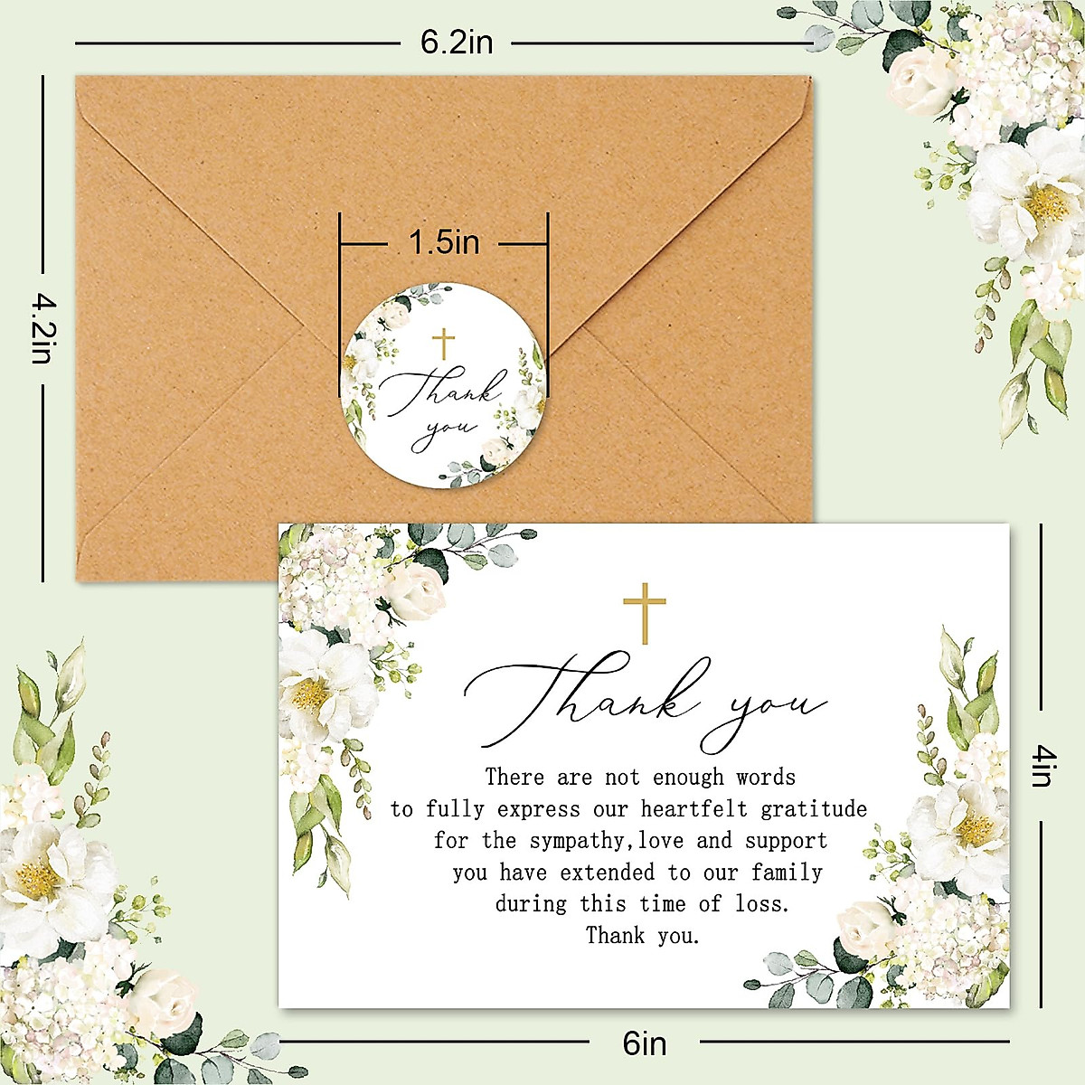 Whaline 48Pcs Funeral Thank You Cards Cross Sympathy Thank You Card with Stickers Envelopes Flower Bereavement Card for Memorial Service Loved Ones Celebration of Life