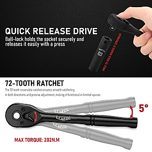LLNEDL 3/8" Drive Impact Socket Set 95Pcs, Spark Plug Socket (5/8", 13/16"), 6 Point Metric & SAE from 5/16"- 3/4", 8-22mm, CR-V Deep & Shallow Kit with Quick Release Ratchet (72-Tooth) for Home & DIY