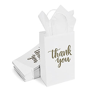 DjinnGlory 50 Pack Small White Thank You Paper Gift Bags with Handles and 24 Sheets Tissue Paper for Small Business, Shopping, Wedding, Baby Shower, Party Favors (Small 9''x5.5''x3.15'', White)