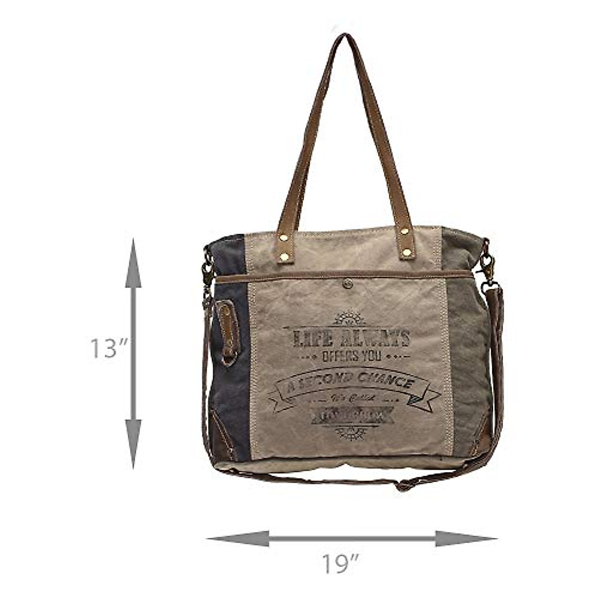 Myra Bags Life Always Upcycled Canvas Shoulder Bag S-0948, Tan, Khaki, Brown, One_Size