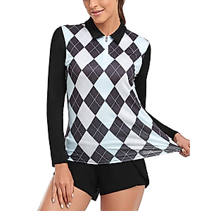 Soneven Women's Long Sleeve Golf Polo Shirts Moisture Wicking Quick Dry Half-Zip Pullover Athletic Workout Striped Tops (1-Black Argyle, X-Large)