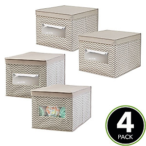 mDesign Large Soft Stackable Fabric Baby Nursery Storage Organizer Holder Bin Box with Front Window/Lid for Child/Kids Bedroom, Playroom, Classroom, Spira Collection, 4 Pack, Taupe/Natural