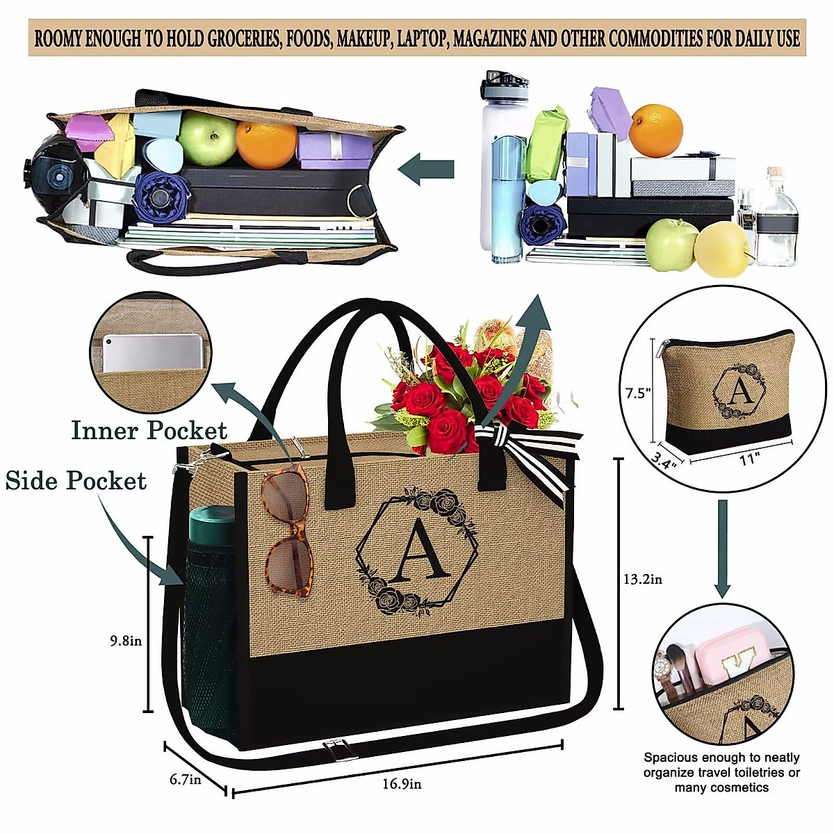 YOOLIFE Tote Bag for Women - Personalized Gift, Initial Tote Bag with Zipper, Premium Jute, Large Capacity, Hand Wash, Summer