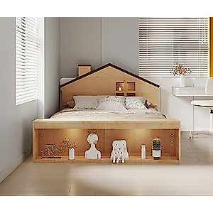 Melpomene Full Size Wood House Bed with LED Lights, Kids Platform Bed Frame with Storage Footboard for Girls, Boys,Natural