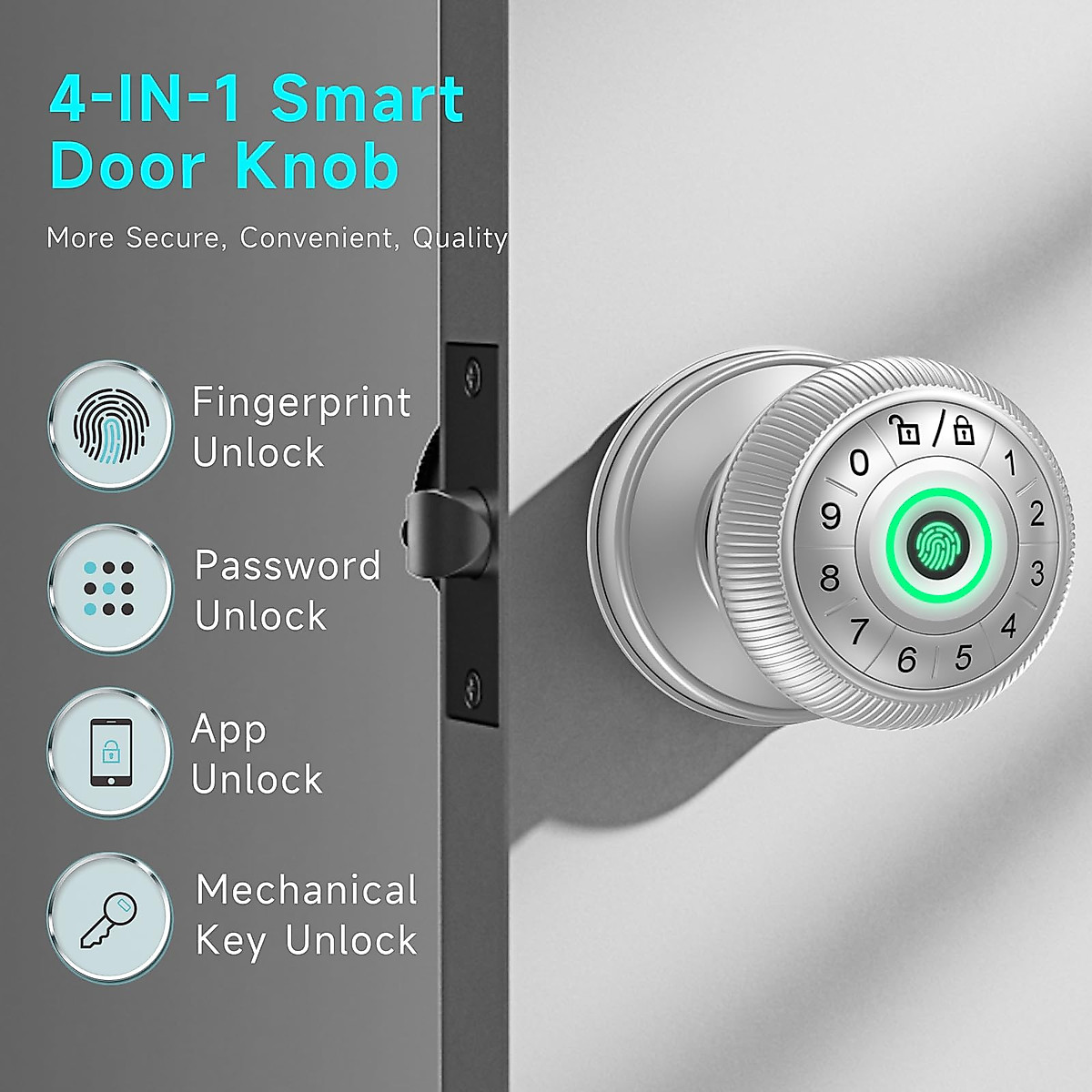 Fingerprint Door Lock,Smart Door Knob,biometric lock, keypad entry,keyless handle.Ideal for bedroom,home,hotel,office,apartment.Enhances security & convenience. (Silvery)