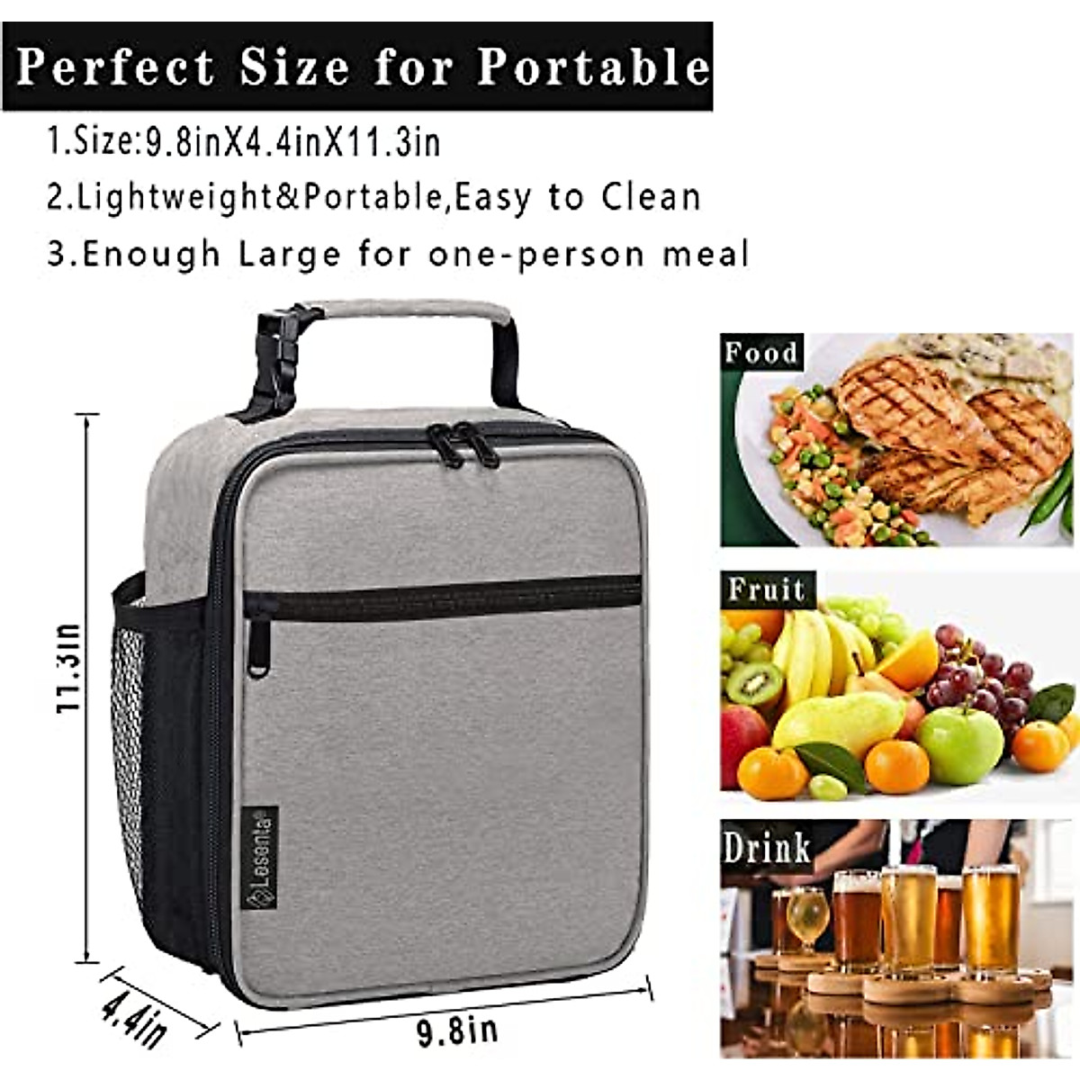 LESENTA Lunch Box for Men Women Adult-Small Insulated Lunch Bag for Office Hiking - Portable Reusable Lunch Box (Light Gray)
