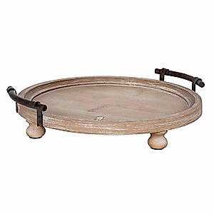 Kate and Laurel Bruillet Round Wooden Footed Tray with Handles, 15 inch Diameter, Rustic Finish