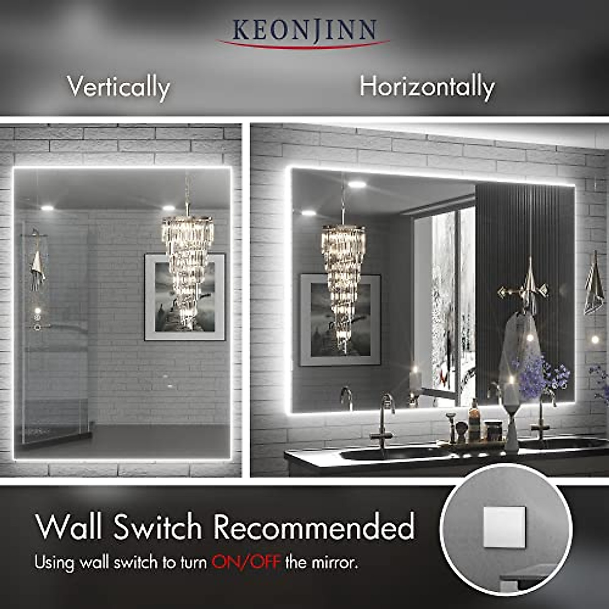 Keonjinn 40 x 32 Inch LED Bathroom Mirror with Lights Acrylic Backlit Vanity Mirror Anti-Fog Lighted Bathroom Mirror for Wall CRI90 High Definition Dimmable Large Makeup Mirror(Horizontal/Vertical)