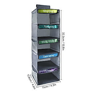 Yuuchoringee 5-Shelf Weekly Clothes Organizer for Kids Days of The Week Hanging Storage Shelves Dorm Room Essentials Daily Shelf Hanging Closet Organizer with 6 Side Pockets…