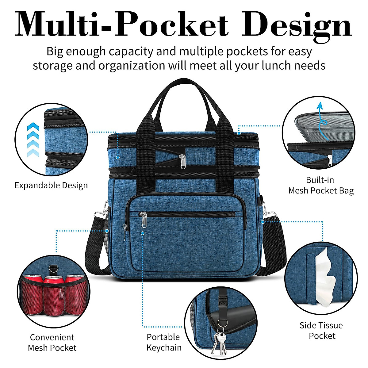 23L Extra Large Expandable Insulated Cooler Lunch Box for Men Double Deck Leakproof Heavy Duty Lunch Bag with 4 Ice packs&2 Snack Bags for Adult/Construction/Women/Work/Picnic/Camping - Blue