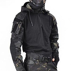HAN·WILD Men's Tactical Shirt Combat Airsoft Long Sleeve Shirts with Elbow Pads Camo Military T-Shirt with Hood