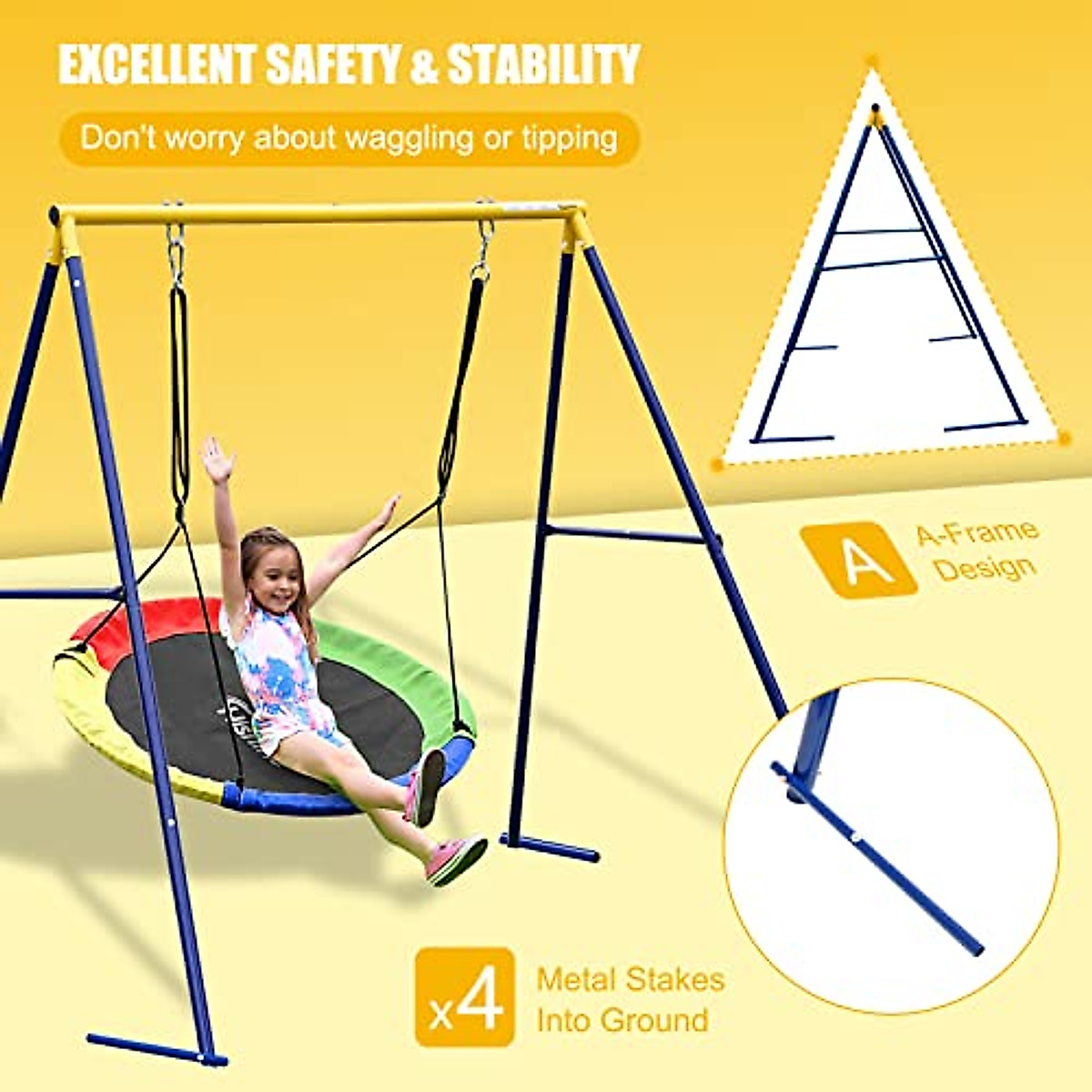 Hishine Swing Stand Heavy Duty Swing Frame Full Steel Metal Frame Swing Set for Backyard, Blue&Yellow (Swing NOT Included)