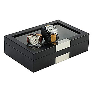 TIMELYBUYS 10 Piece Personalized Black Wood Watch Display Case Storage Organizer Box with Stainless Steel Accents