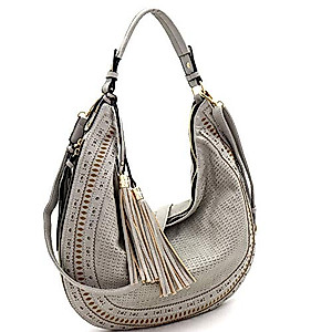 Boho Tassel Expandable Soft Vegan Leather Straw Large Hobo Bag Purse Handbag (Lightweight Laser-cut Hobo - ZBlack)