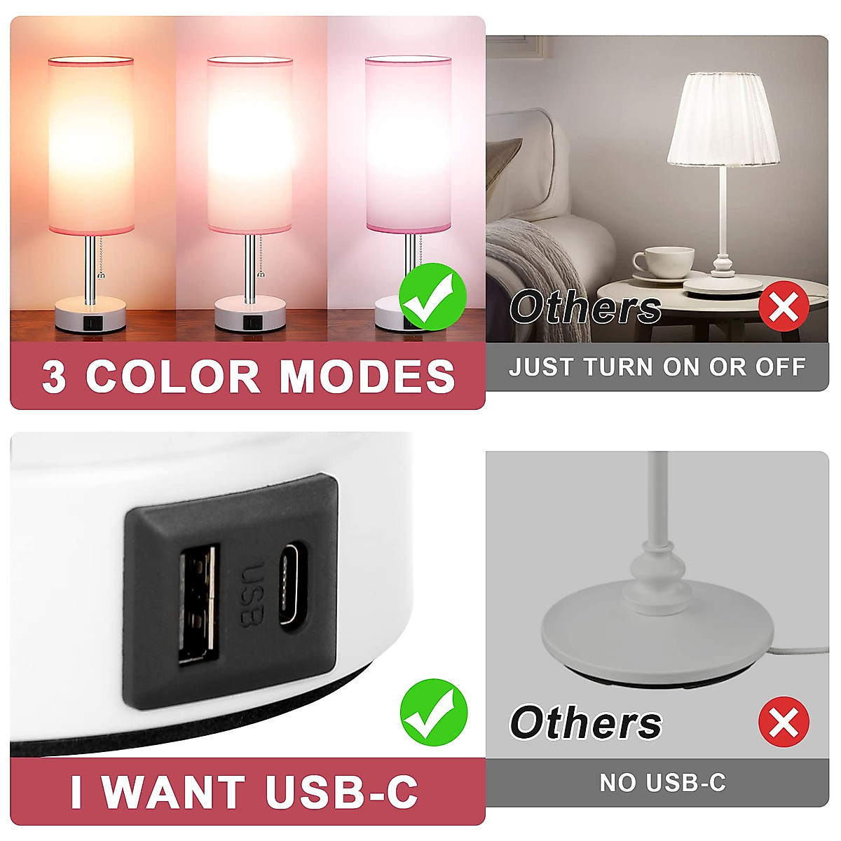 Hong-in Pink Bedside Lamp - 3 Color Modes, Small Lamp with USB-C and USB-A Charging Ports, Pull Chain, Nightstand Light for Bedroom, Office, Kids Room (Bulb Included)