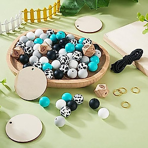 Boutigem 76pcs Cow Printed Round Silicone Beads Soft Rubber Beads for Keychain Making Wood European Beads & Big Pendants for Wristlet Phone Lanyard Pen Jewelry Making DIY Craft