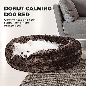 Veehoo Calming Dog Bed & Cat Bed, Anti-Anxiety Small Dog Beds for Medium Dogs, Washable Donut Round Pet Bed with Fluffy Faux Fur for Puppy and Kitten, 23x23 inch, Brown