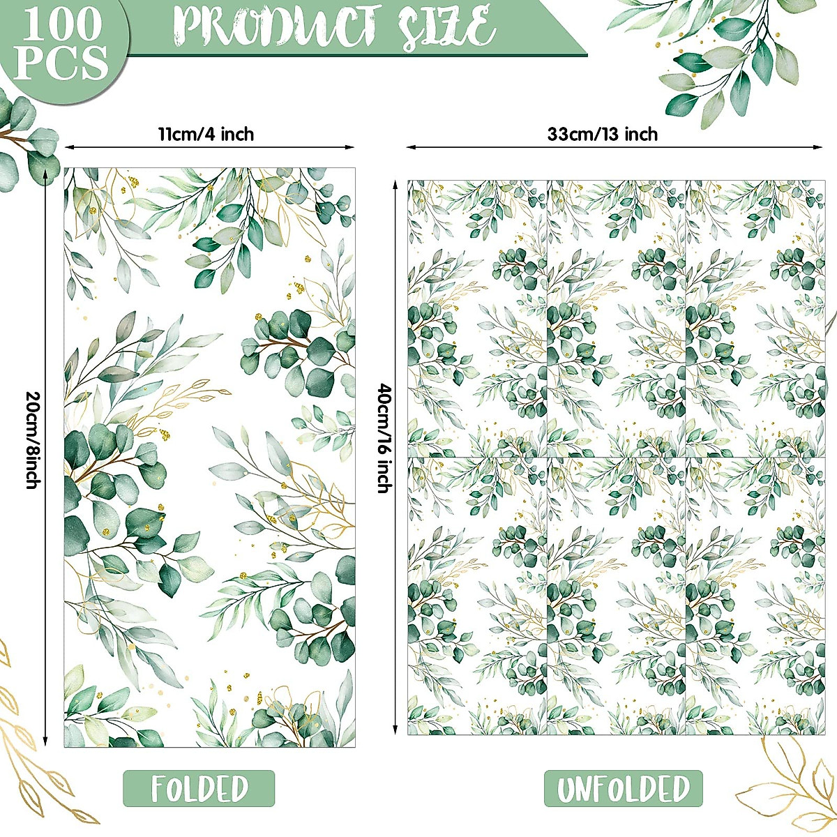 100 Pcs Eucalyptus Napkins 3 Ply Disposable Eucalyptus Leaf Paper Green Leaves Guest Towels Cocktail Napkins Greenery Paper for Home Party Birthday Baby Shower(8 x 4.3 Inch Folded)