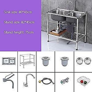 APCHJOJ Freestanding Utility Sink, Utility Sink Double Bowl Stainless Steel Commercial Kitchen Sink with Faucet for Laundry Room Backyard Garage 80 * 43cm doubleslot