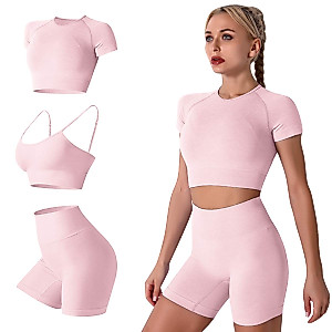 Women's Seamless Yoga Outfits 3 Pieces Workout Short Sleeve Crop Top + Camisole Tank Sports Bra + High Waisted Running Shorts Sets Biker Activewear Athletic Fitness Tracksuit Gym Clothes Pink Small