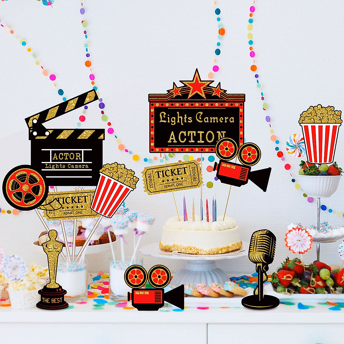 Hicarer 32 Pieces party decorations Red Carpet Cutouts Cards Table Toppers Movie Theme Decor Double-sided Printing Red Golden Black for Night Party Supplies