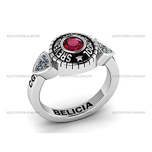 A2Z CUSTOM JEWELRY Customized Women’s High School and College ROUND CZ birthstone Class Ring | Personalized Sterling Silver with trillion moissanite accents