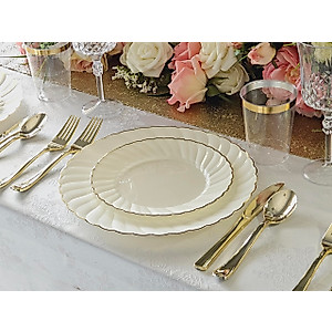 " OCCASIONS " 50 Plates Pack (25 Guests)-Vintage Wedding Party Disposable Plastic Plate Set -25 x 10.25'' Dinner + 25 x 7.5'' Salad/dessert plates (Blossom Ivory & Gold)