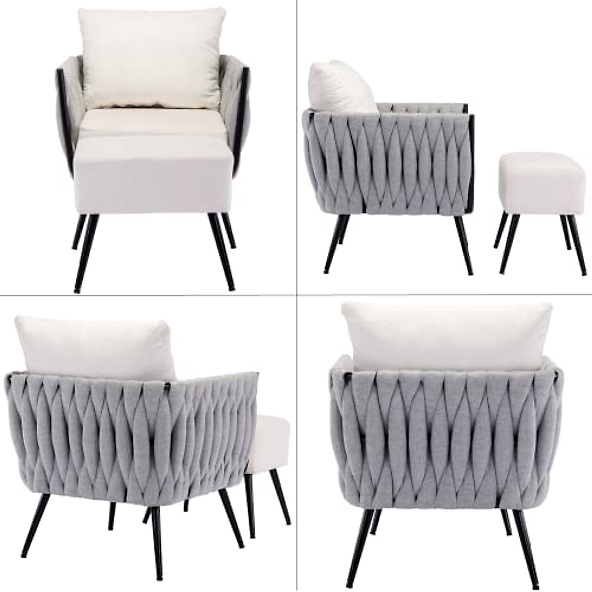 LukeAlon Velvet Accent Chair with Ottoman Set, Linen Weaved Back Living Room Chair with Metal Legs Upholstered Reading Chair with Armrest for Study Room Reception Room, Grey & Beige