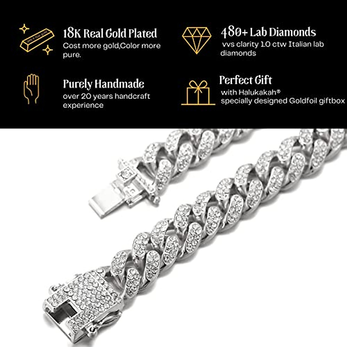 Halukakah Gold Chain Iced Out for Men,Men's 14MM Miami Cuban Link Chain Choker Necklace 20In(50cm) Platinum White Gold Finish,Full Cz Diamond Cut Prong Set,Gift for Him