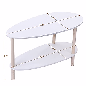 Oval Coffee Table, Small Wood Coffee Table for Living Room, Mid Century Modern Coffee Table for Home Office, 2-Tier Sofa Table, White, 15.7'' D x 31.5" W x 17.2" H