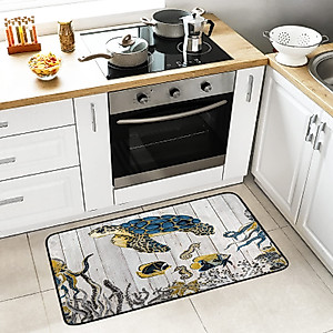 Sea Turtle Bathroom Area Rugs Fish Seahorses Octopus Coral on Wooden Bath Runner Floor Mat Washable Non-Slip Shower Carpet for Kitchen Living Room 39x20 inch