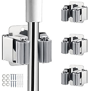 JAMEND CLXP 3PCS Broom and Mop Holder, Heavy Duty Garden Tool Organizer Rack Rake and Shovel Handle, Stainless Steel Mop Hanger. Wall Mounted Utility Rack with Screws, Silver.